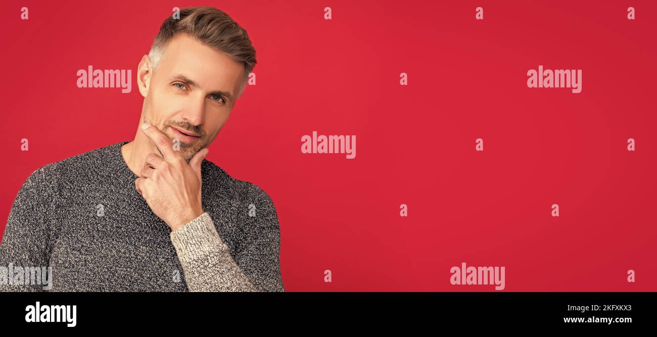 Man face portrait, banner with copy space. grizzled guy in sweater on ...
