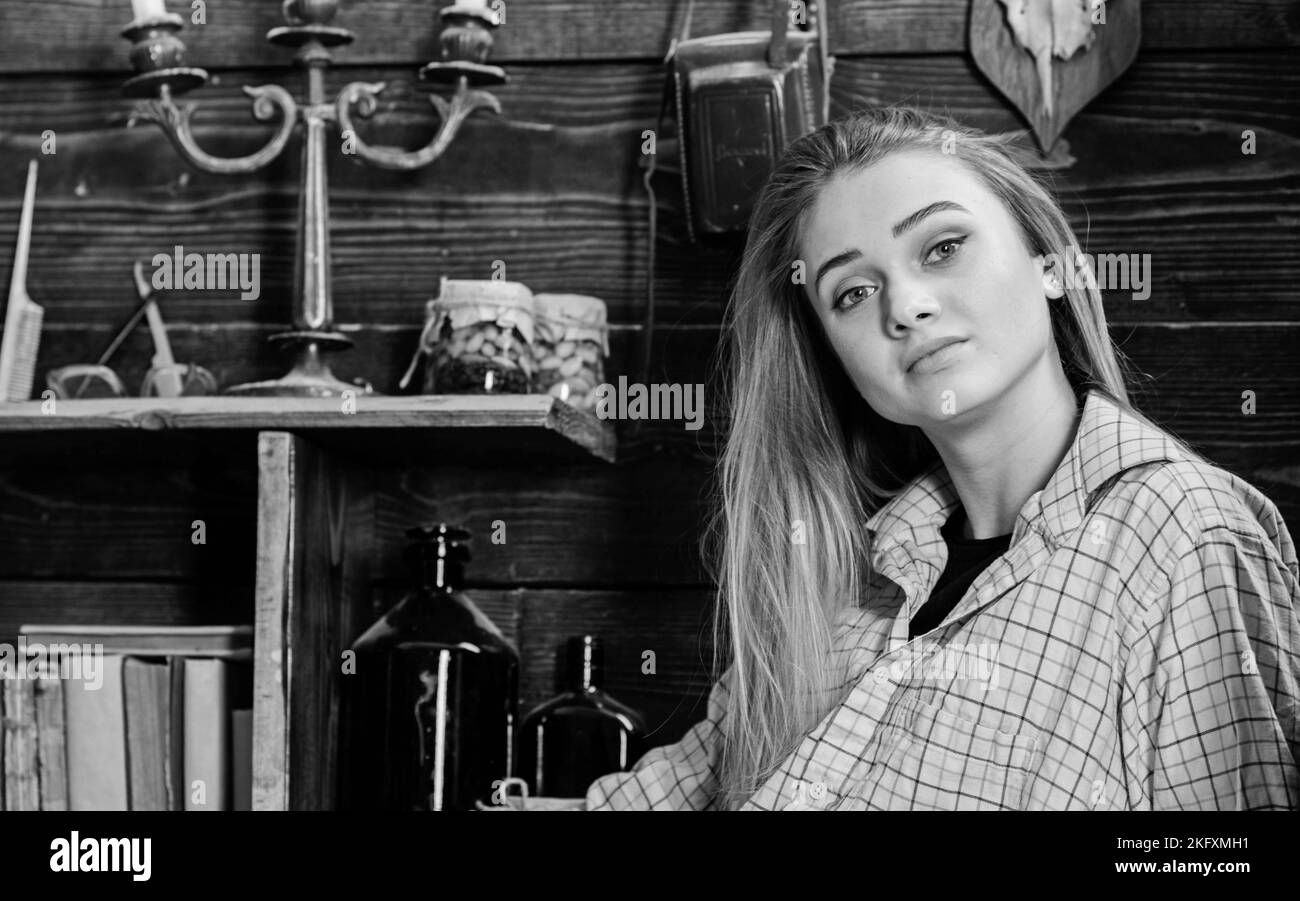 Girl tomboy spend time in house of gamekeeper. Tomboy concept. Lady on ...