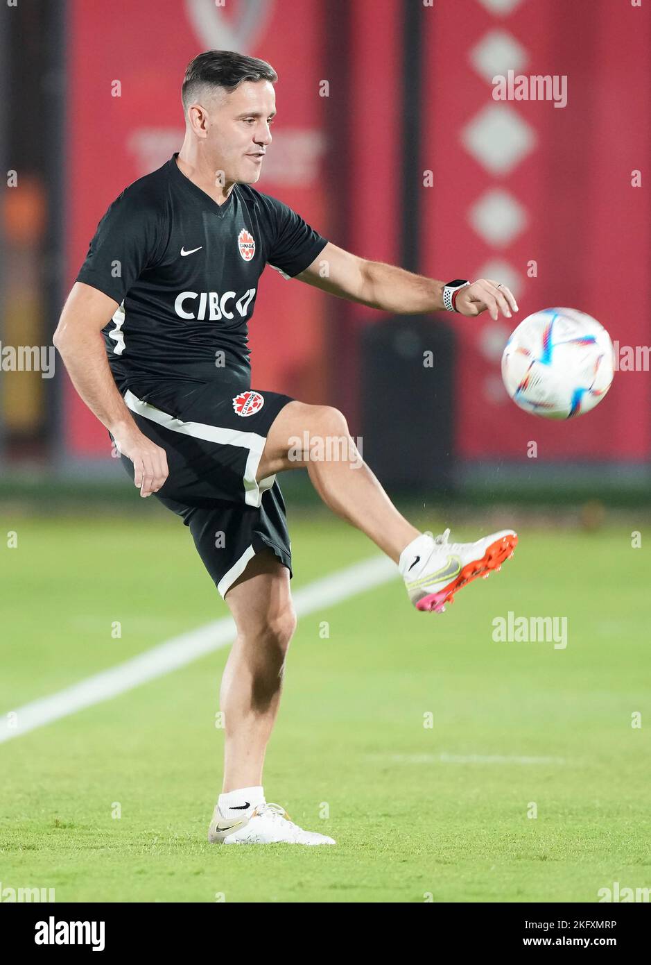 Canada head coach John Herdman kicks the ball during practice at the ...