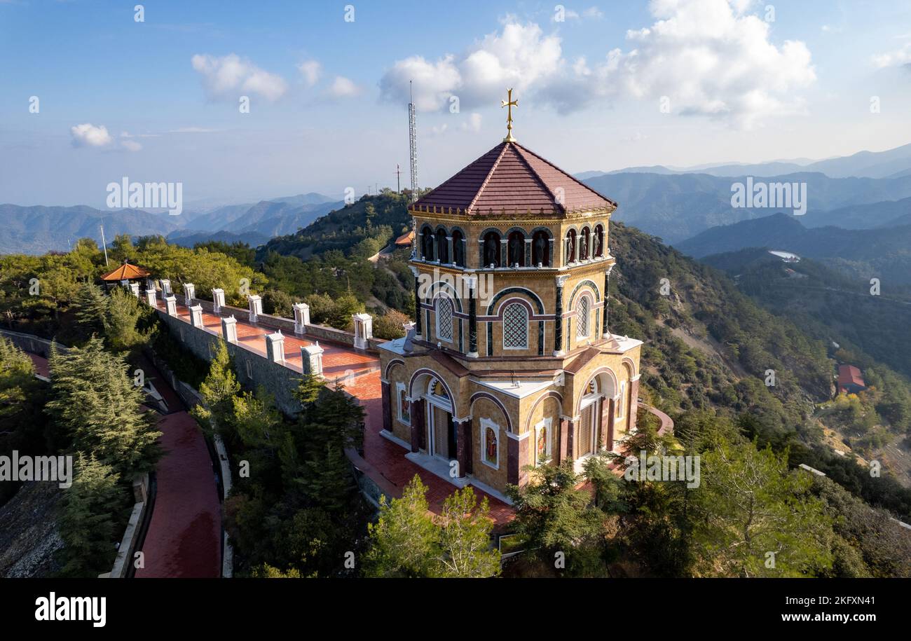 Drone aerial of throni of Panagia Kykkou temple landmark in Cyprus ...