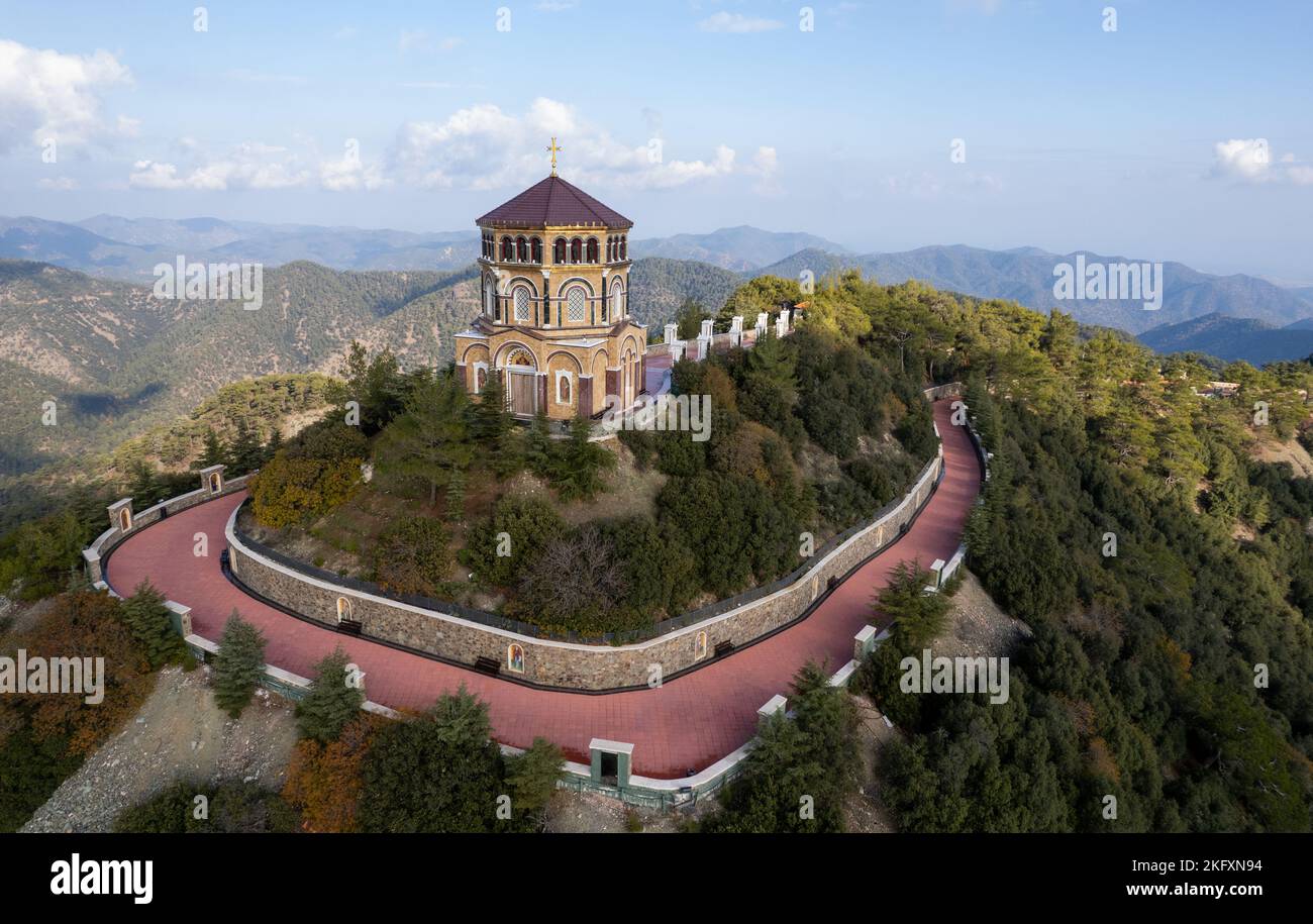 Drone aerial of throni of Panagia Kykkou temple landmark in Cyprus ...