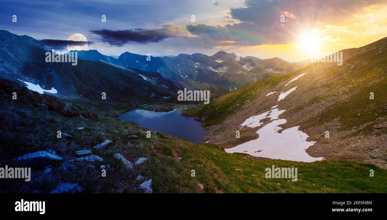 high altitude mountain lake at twilight. day and night time change ...