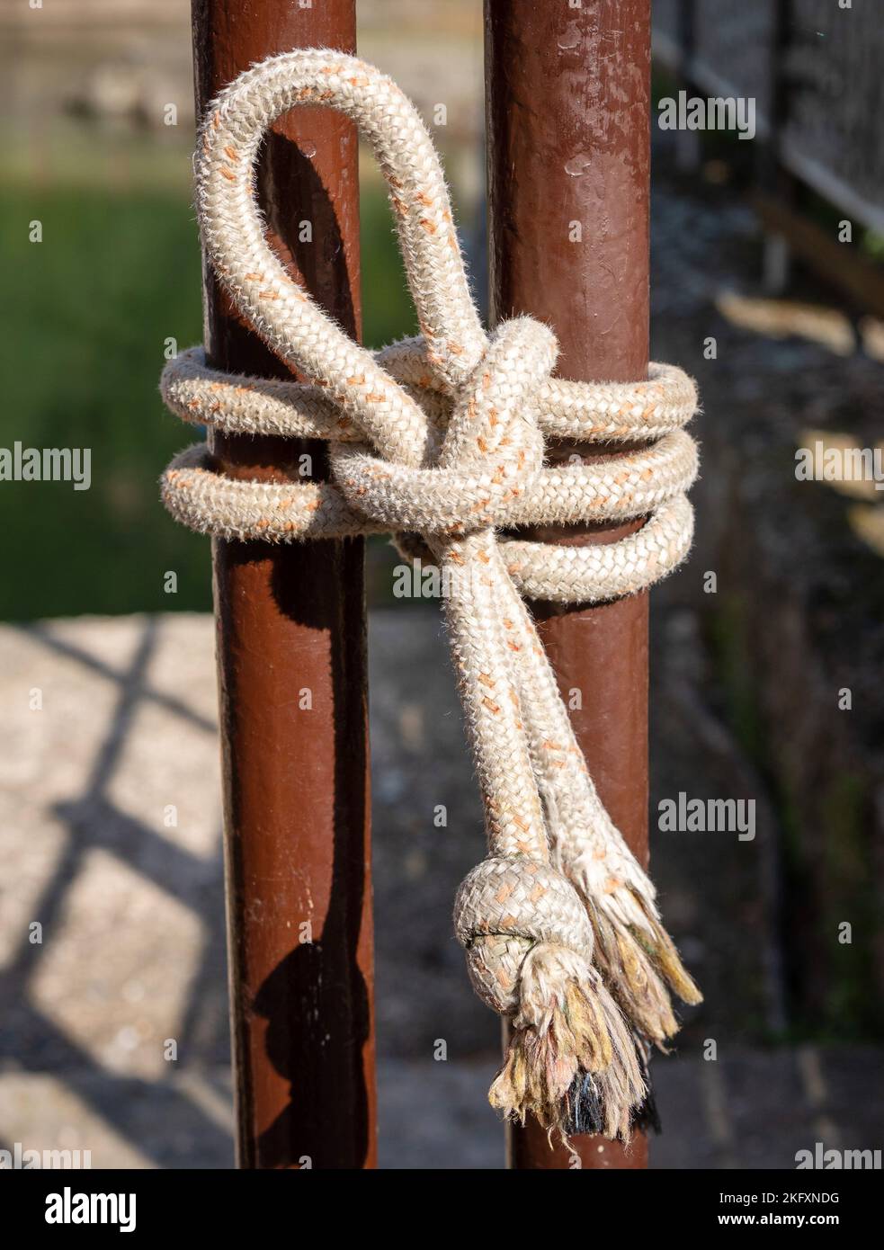 A vertical image of two metallic tubes of gate tightly closed with rope ...