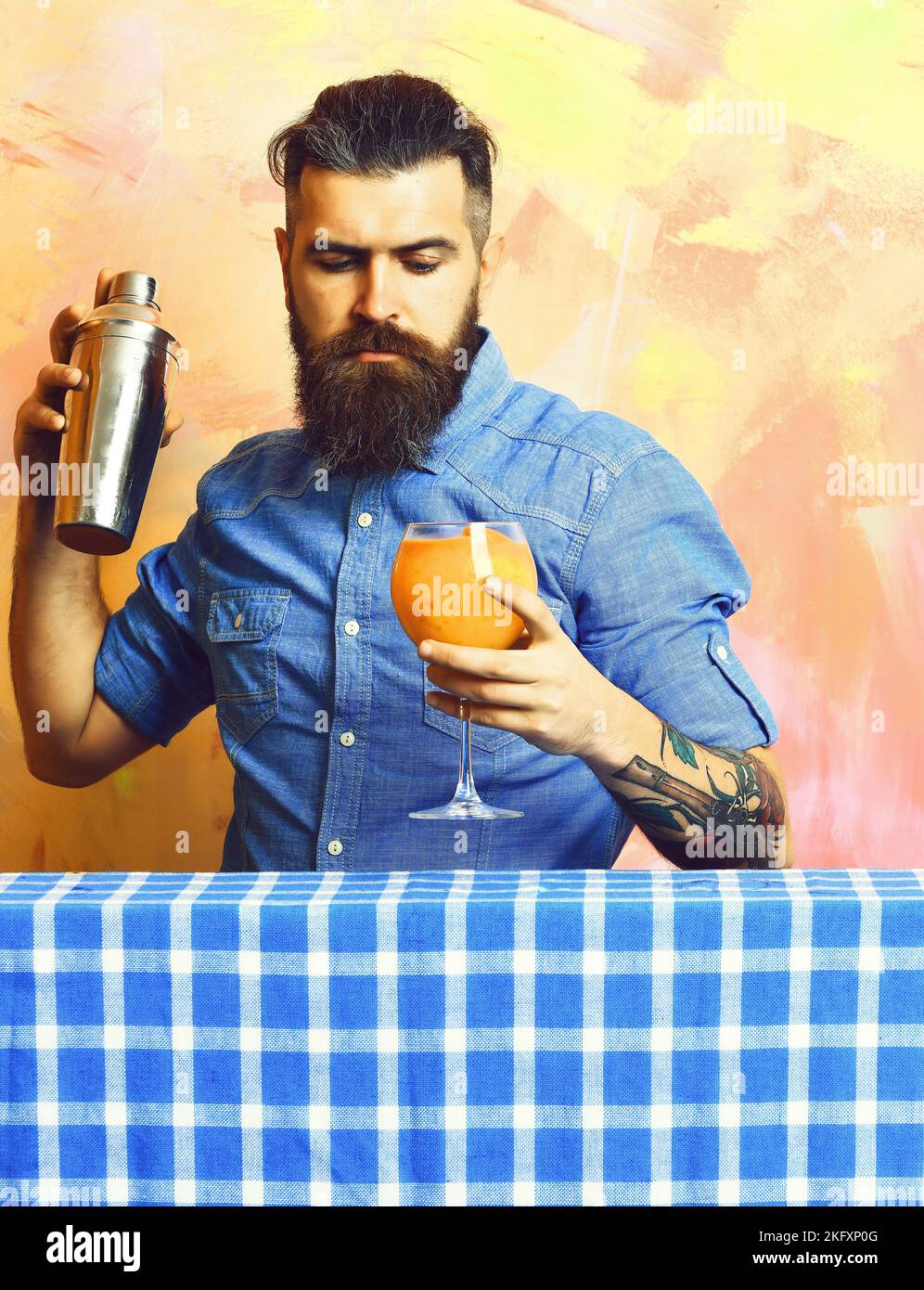 Brutal caucasian hipster doing tropical alcohol fresh cocktail Stock ...