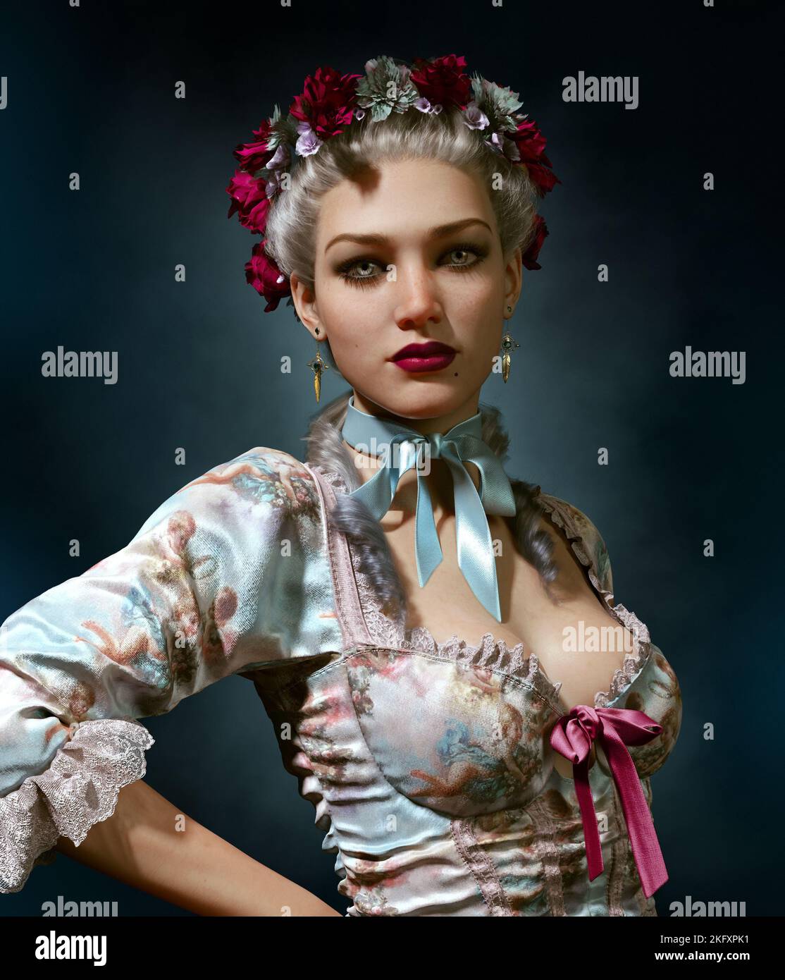 3d computer graphics of a woman with a dress in Rococo Style (NOT AI ...