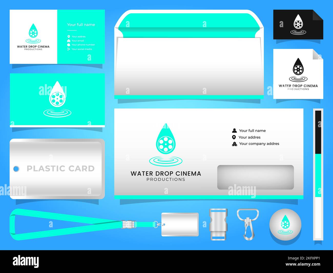 A digital illustration set of office merchandise with a water drop ...