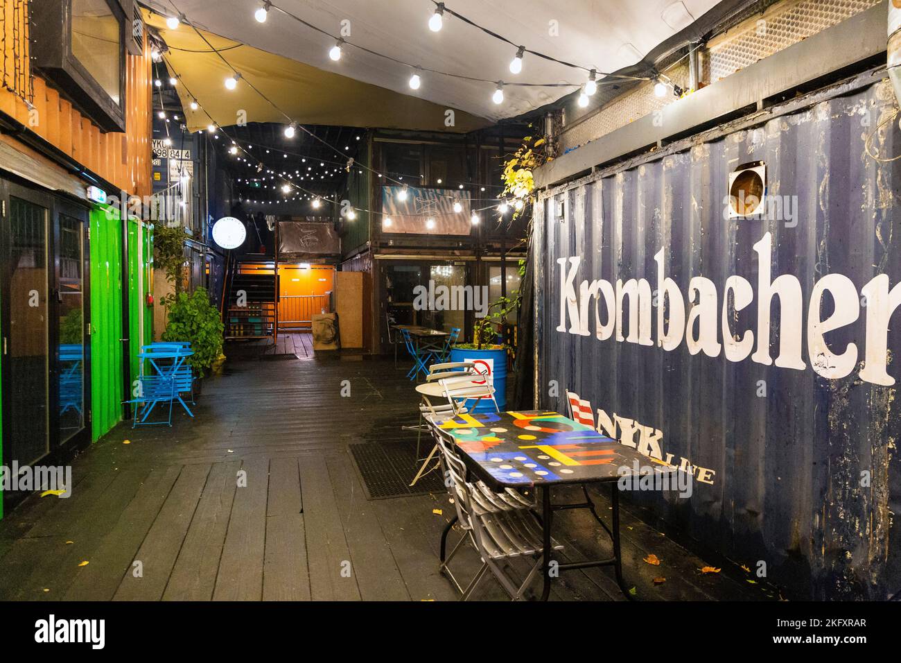 Interior of Pop Brixons shipping container food market, London, UK ...