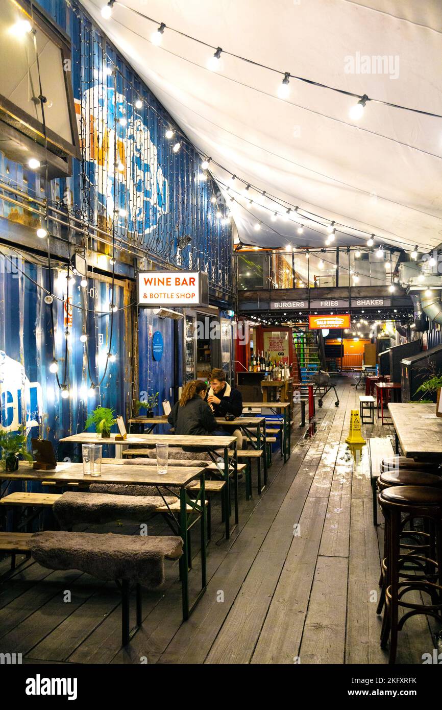 Interior of Pop Brixons shipping container food market, London, UK ...