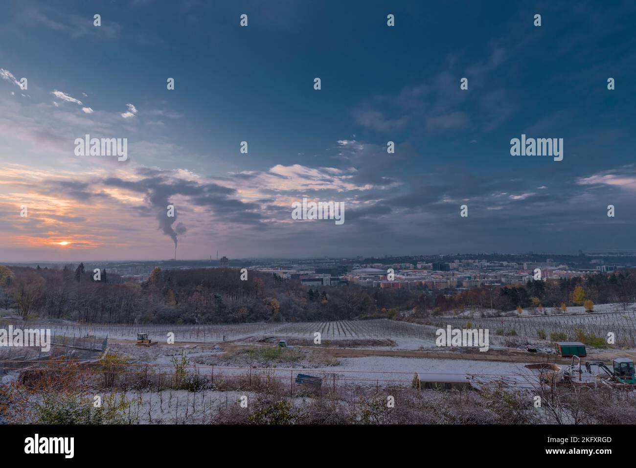 View from Prosek part of capital Prague in sunrise winter blue morning ...