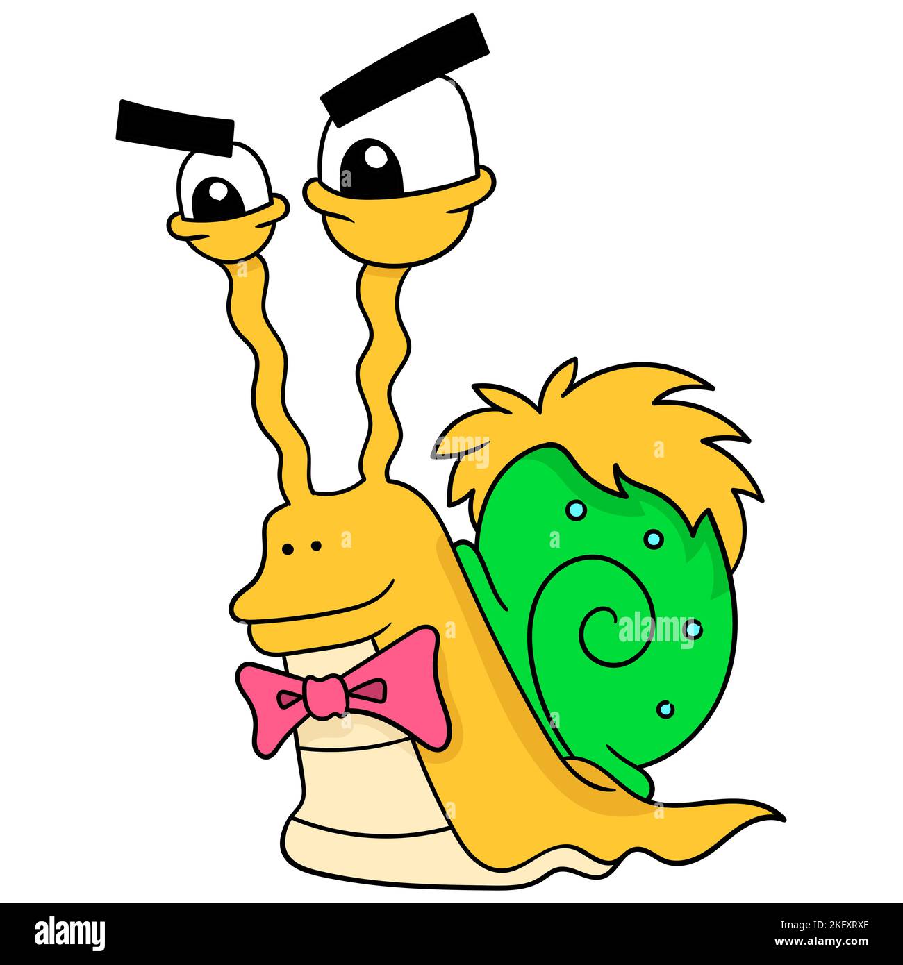 A vector design of a snail cartoon character with thick eyebrows and ...