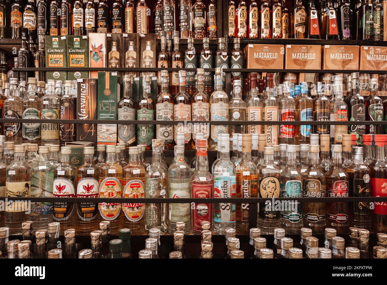 Cachaça for sale at the liquor store. Cachaca is a brazilian distilled ...