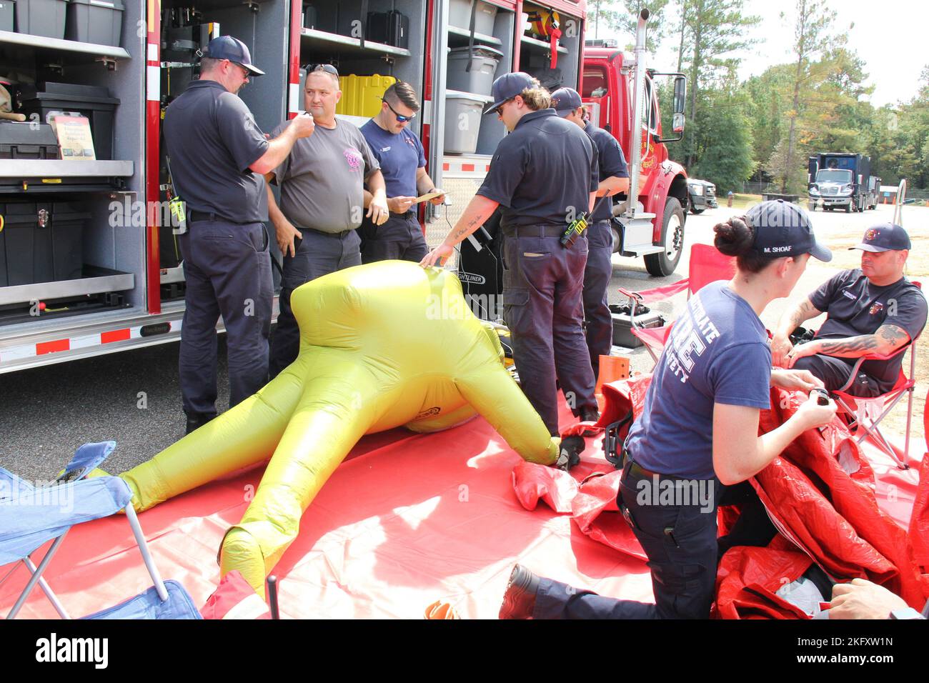 Fort Rucker firefighters perform a test on a HAZMAT response suit ...