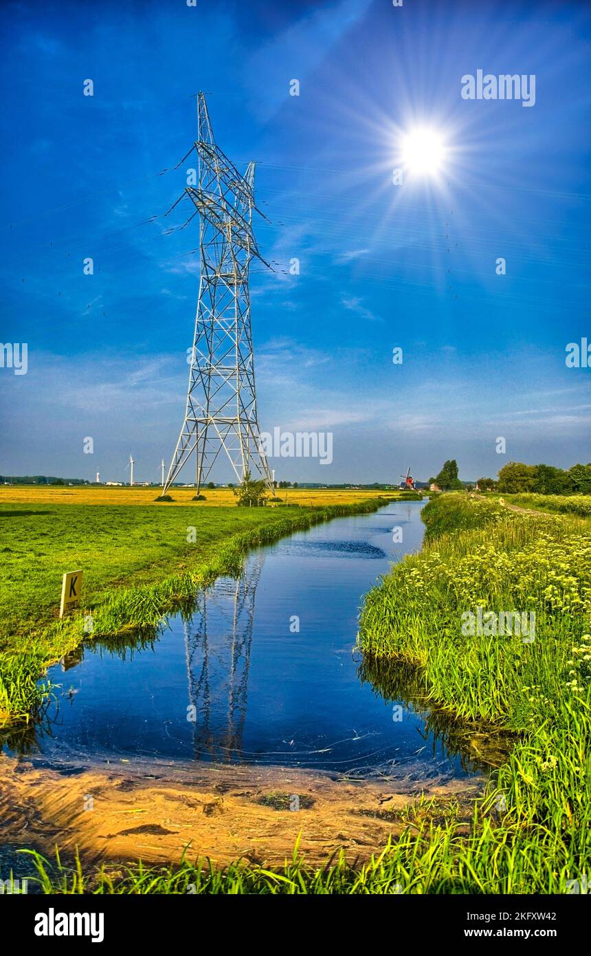 Dutch landscape with a canal and grass fields with mirror reflection in ...