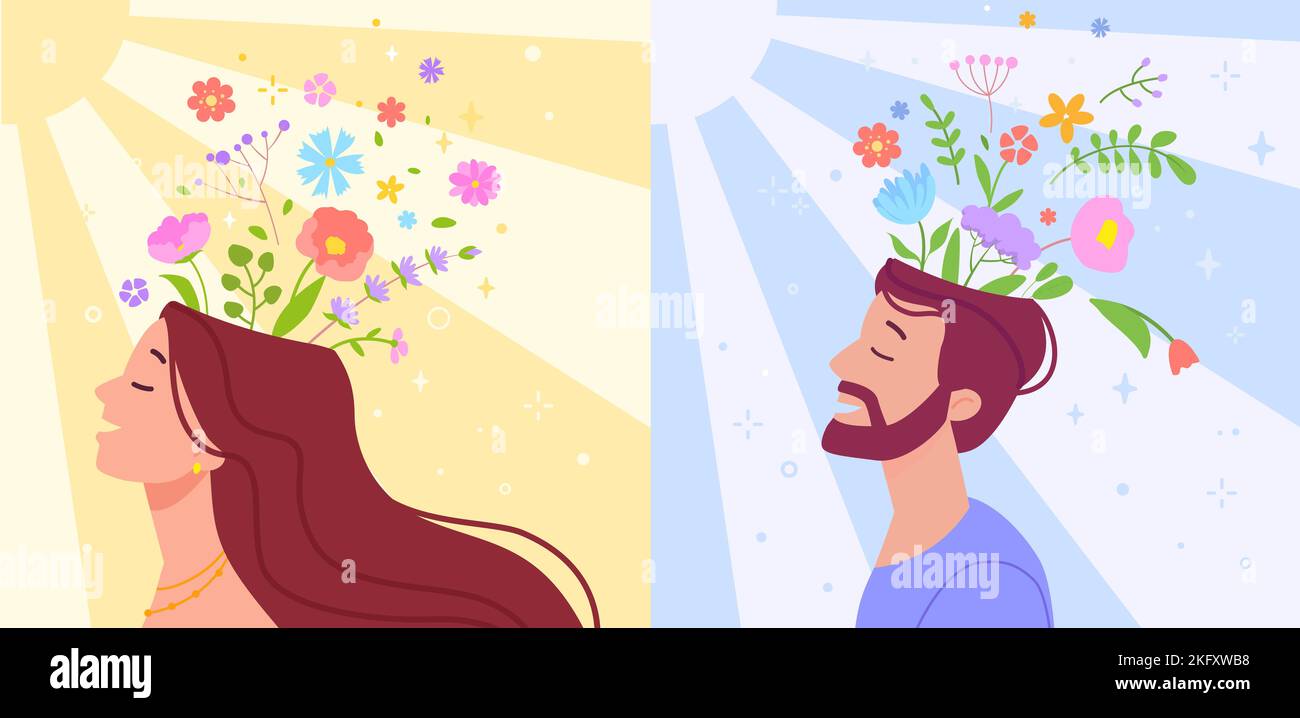 Positivity thinking heads. Young soul positive thoughts of woman and ...