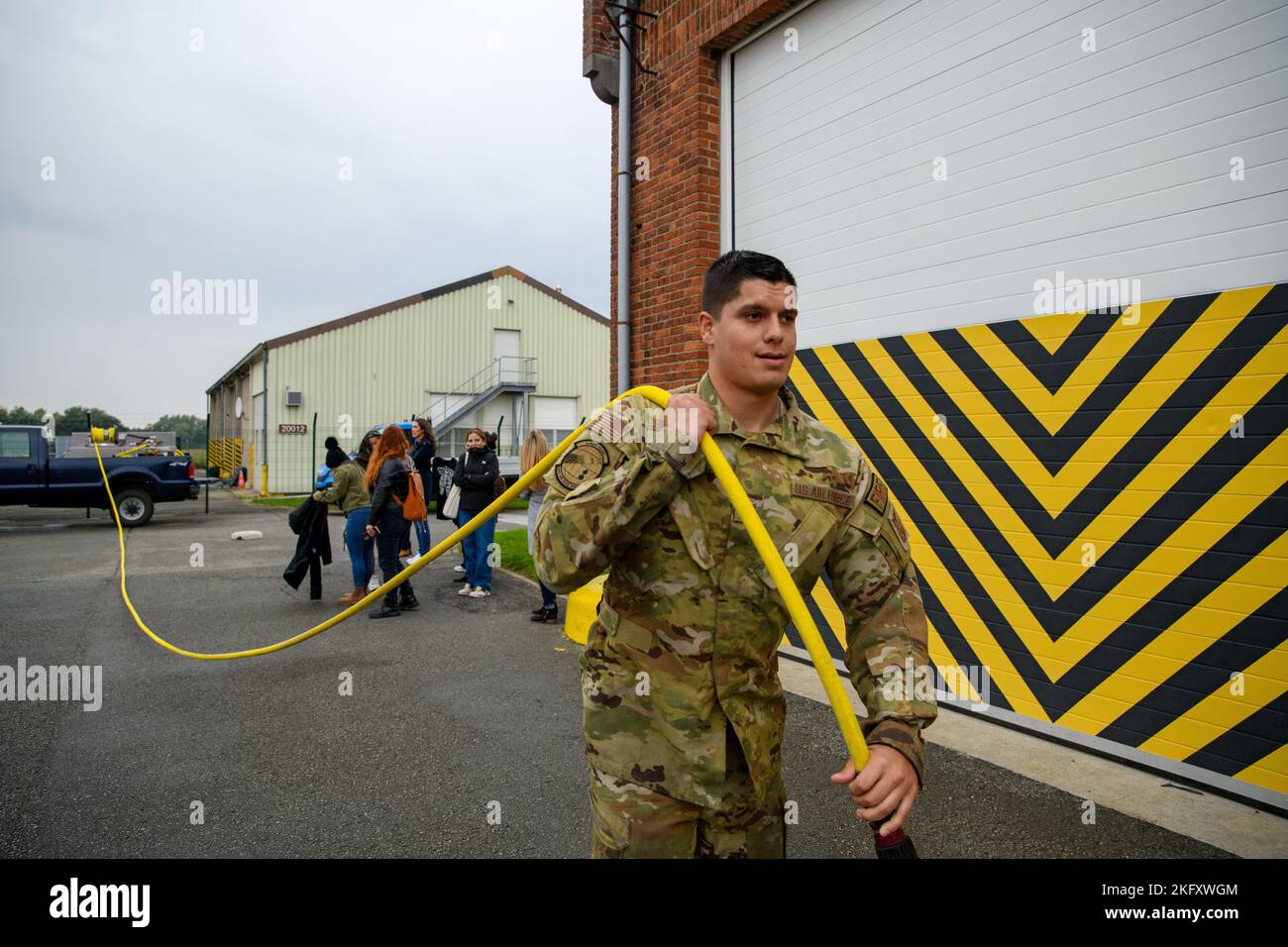 U.S. Air Force Senior Airman Trenton Mueller, a firefighter assigned to ...