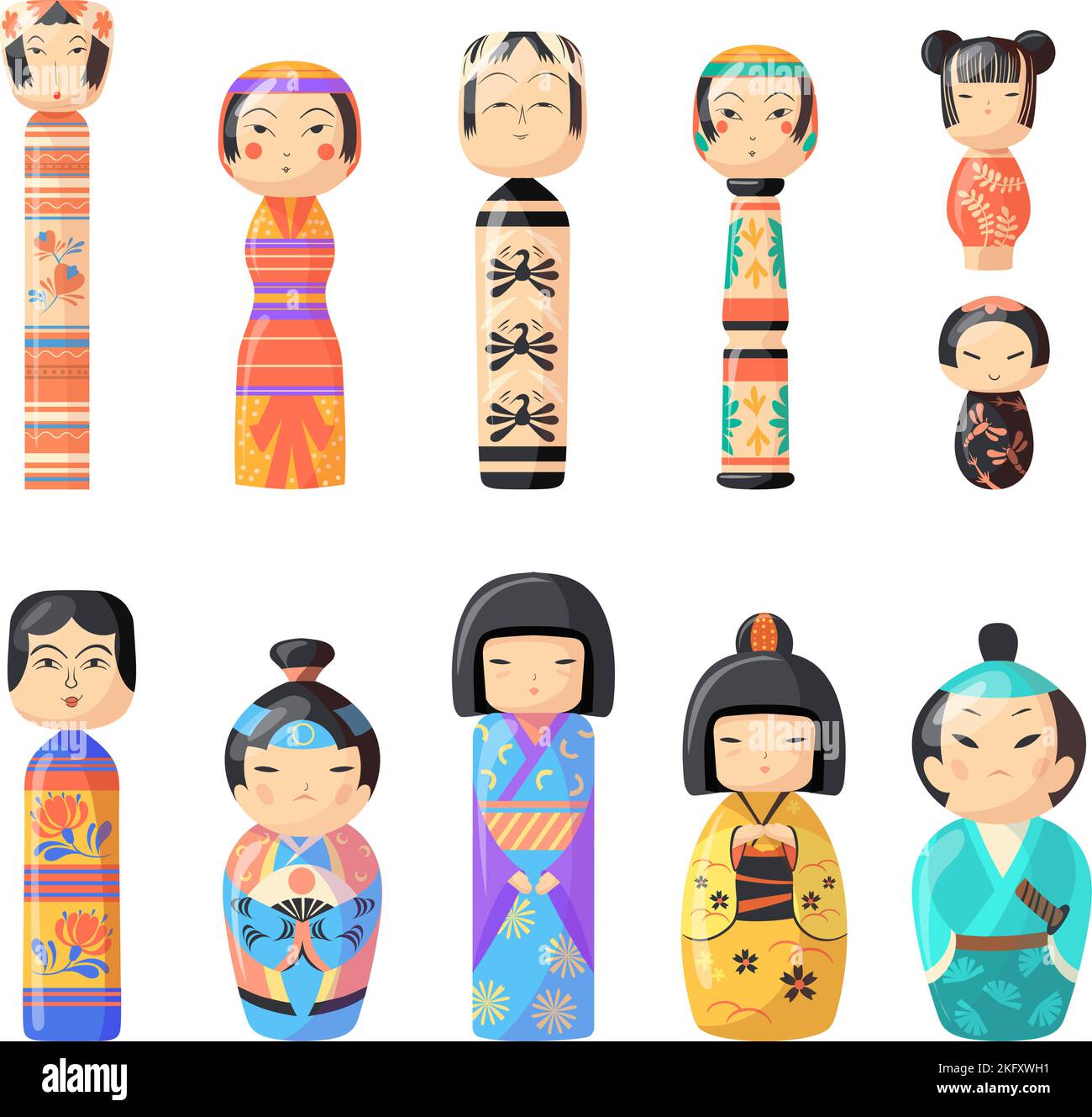 Kokeshi doll. Japan dolls mascot in kimono, traditional japanese toy ...