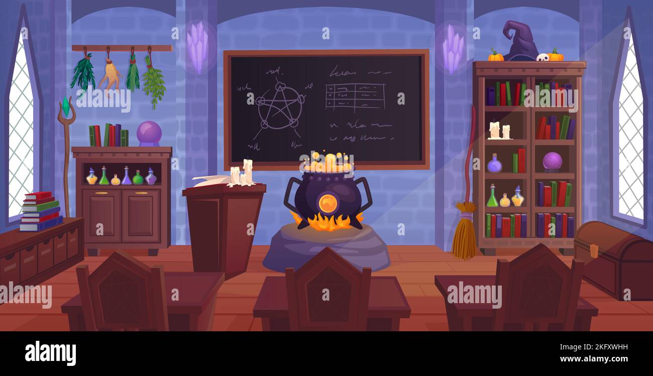 Magic room interior. Mystery library wizards school, sorceress house ...