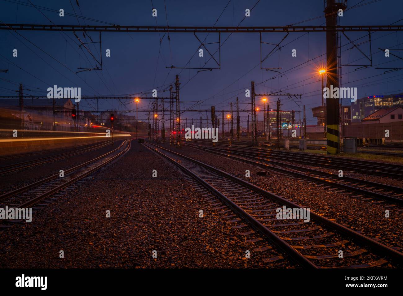View on Prague Liben railway station in wet rainy evening Stock Photo ...