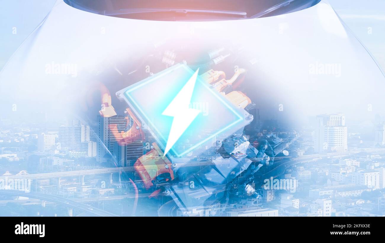 EV car and electric motor engine with a city environment, double ...