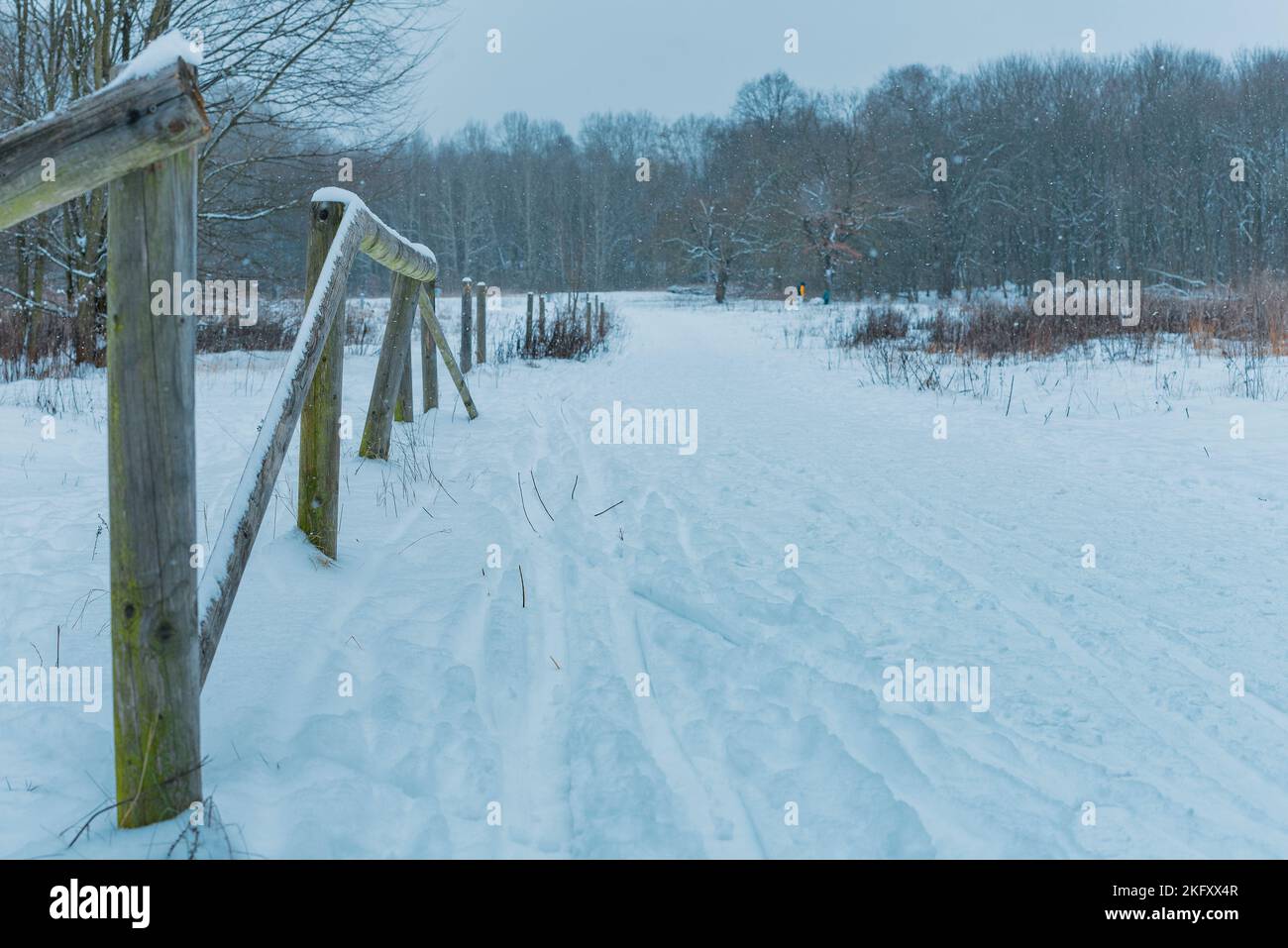 Winter landscape with a path and a dilapidated fence along the way, background out of focus ...