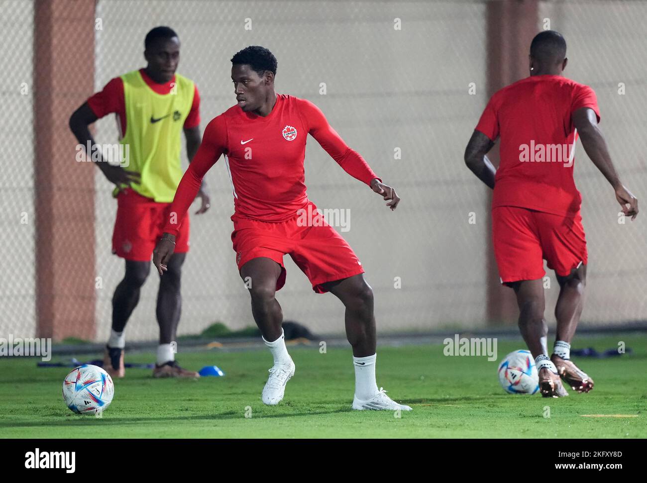 Canada forward Jonathan David (20) warms up in a drill during practice ...
