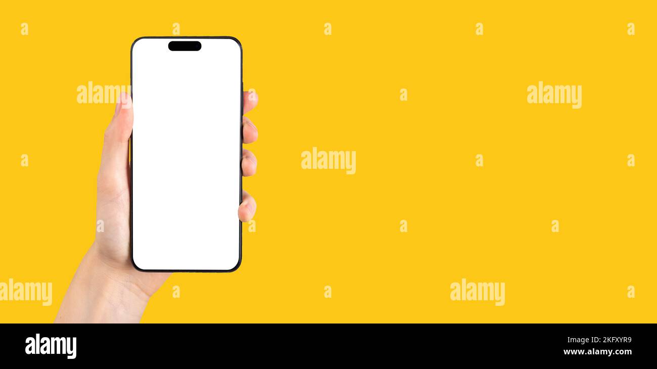 Phone mock up frame in hand on yellow ad banner, promo background for ...
