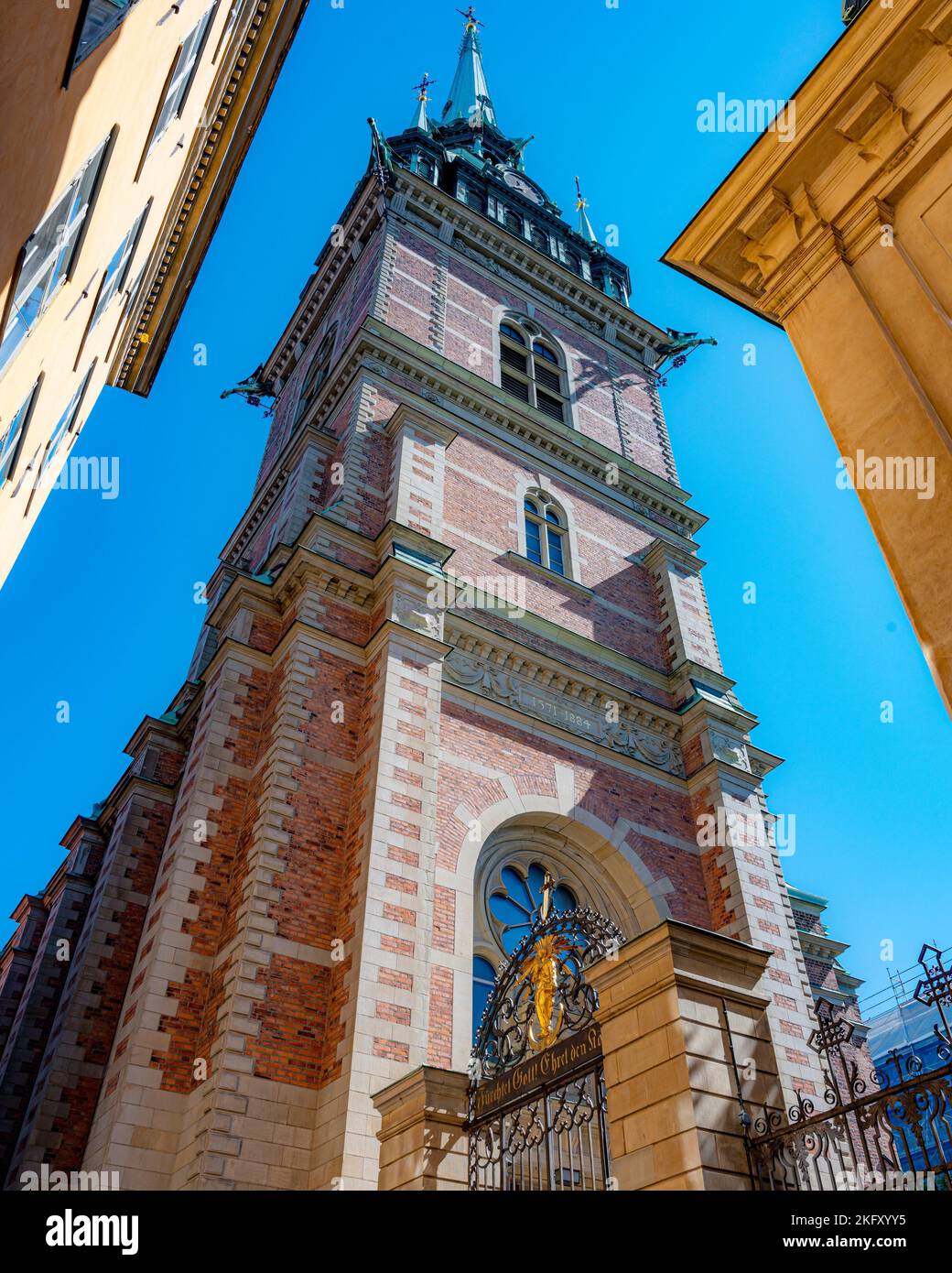 A vertical image of the tower of a Small German church dating to the ...