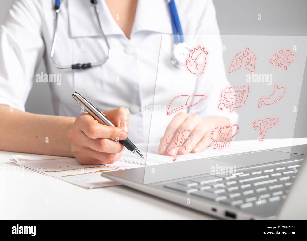 Doctor at laptop, work and study. Medical science, healthcare, health ...