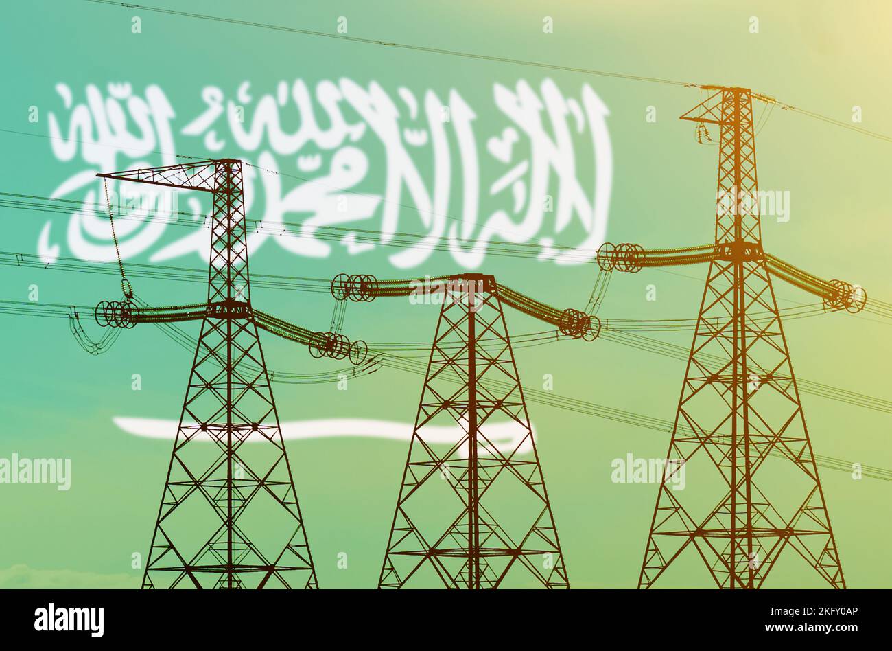 Industry and energy concept. Double exposure - power line, tower and ...