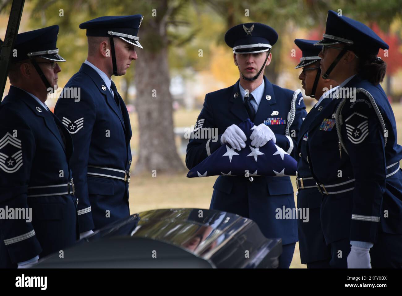 185th Air Refueling Wing Honor Guard members fold a U.S. flag at the ...
