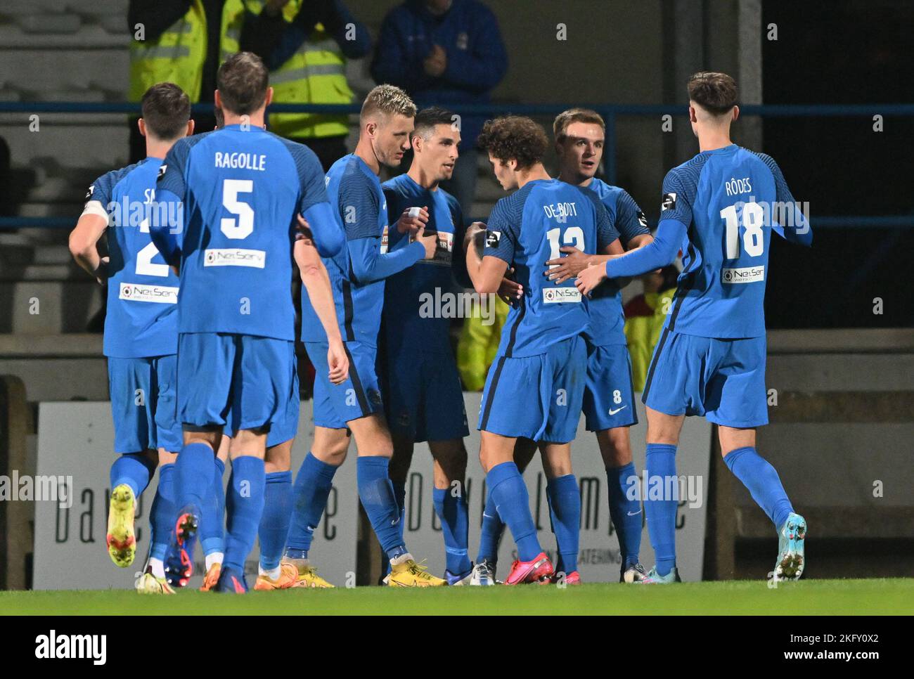Dender's players celebrate after scoring during a soccer match between ...