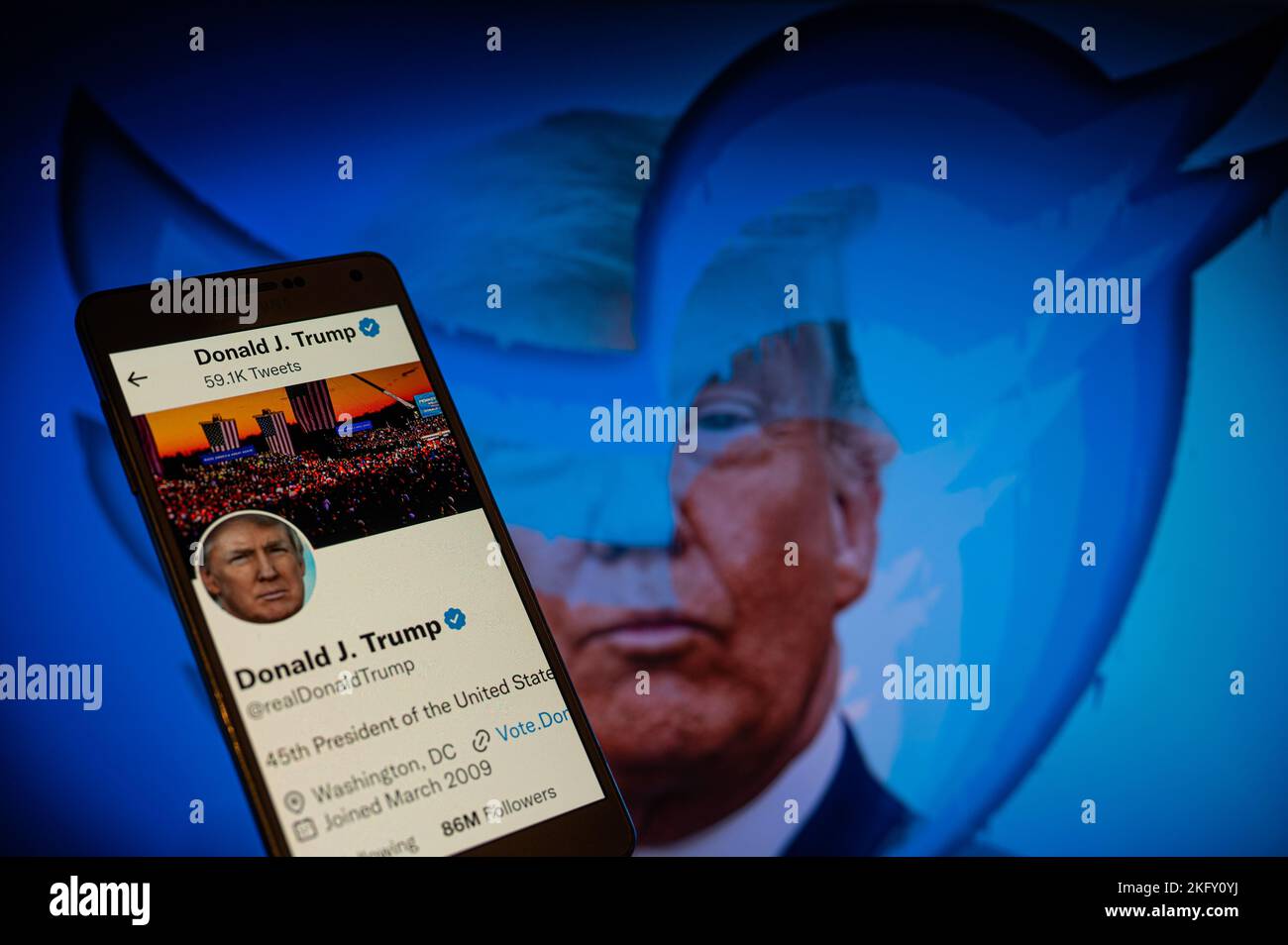 Donald Trump twitter account seen on mobile screen. The account, which ...