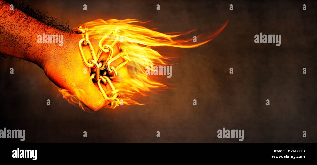 Fists have metal chains around them, and flames are blazing on dark ...