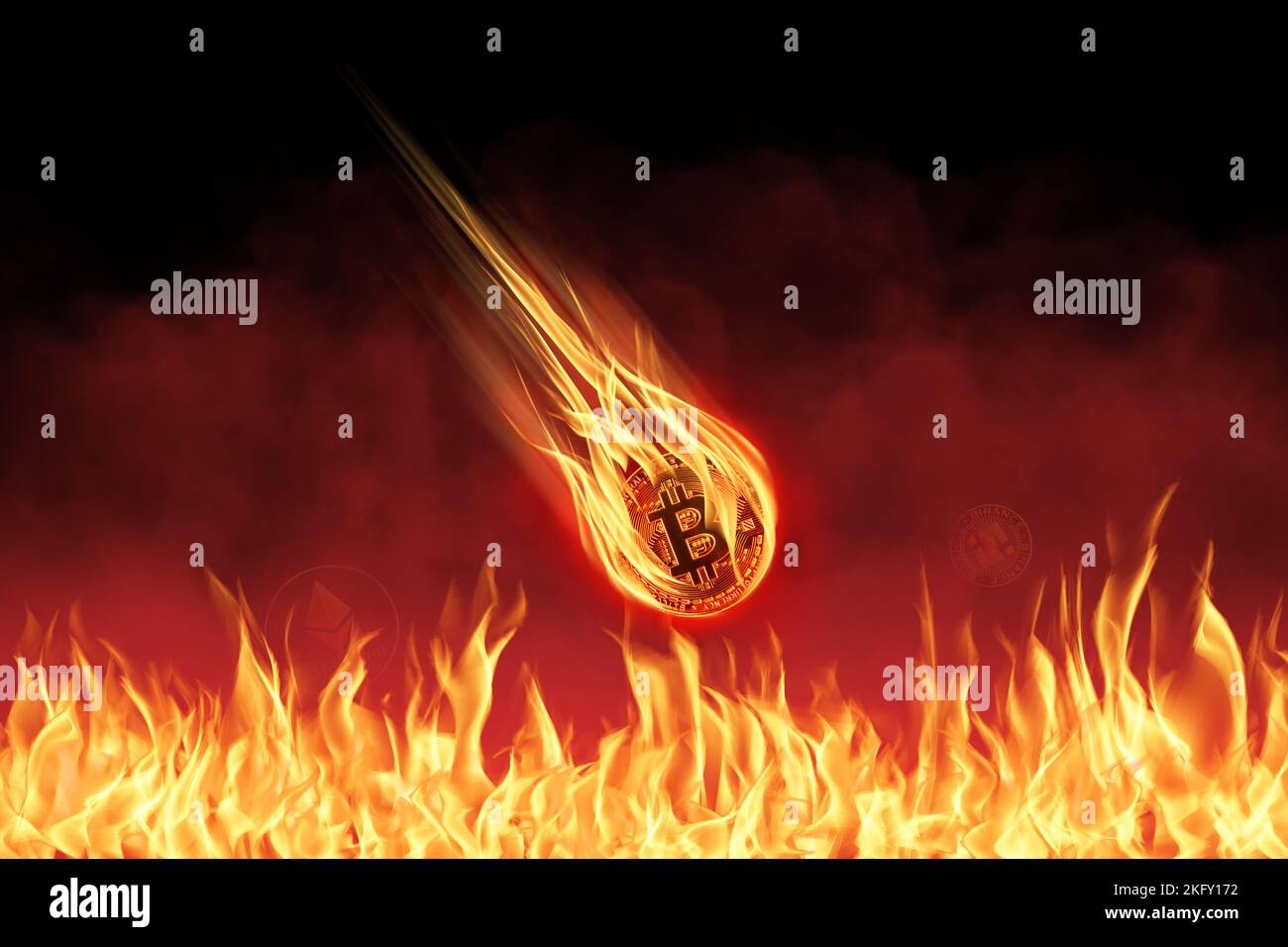 Gold Bitcoin decreasing value and price fall,BTC coin fire blazing ...