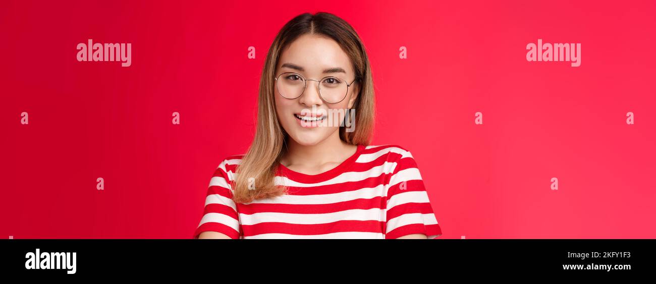 Close Up Confident Assertive Blond Asian Woman Wear Glasses Cross Hands