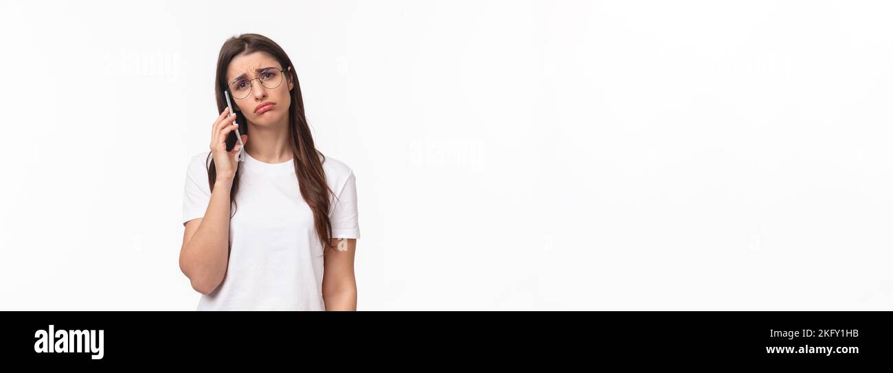 Communication, technology and lifestyle concept. Portrait of gloomy and ...