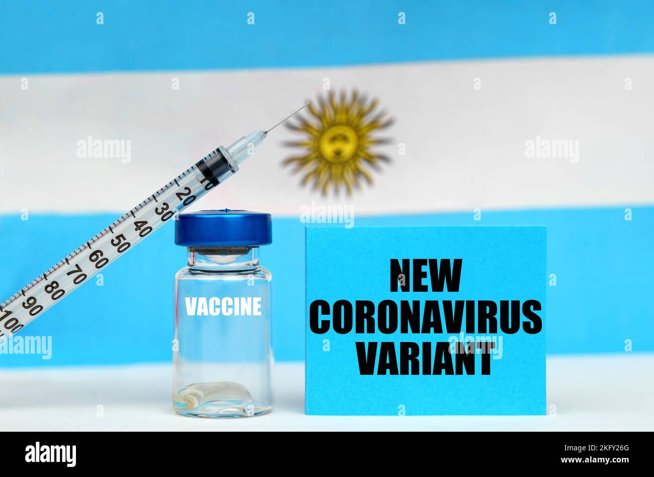 Medicine concept. Vaccine, syringe and blue plate with the inscription ...