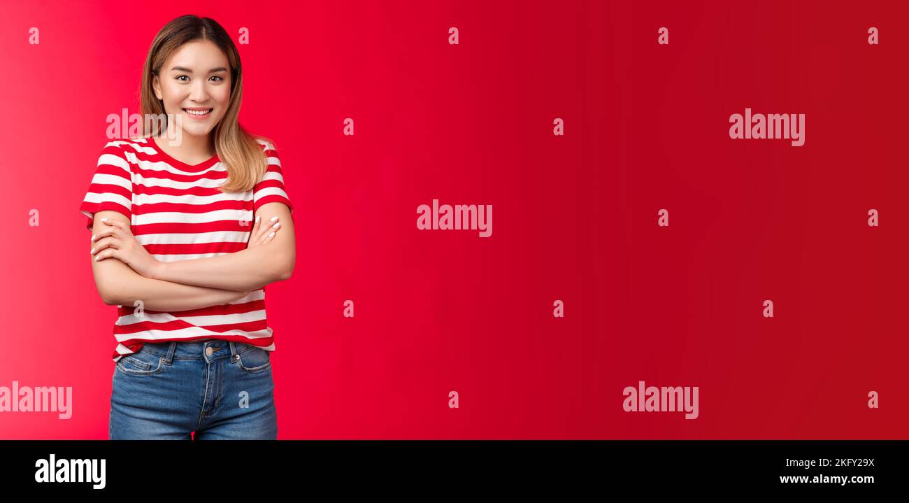 Friendly happy enthusiastic cute blond asian girl look camera smiling ...