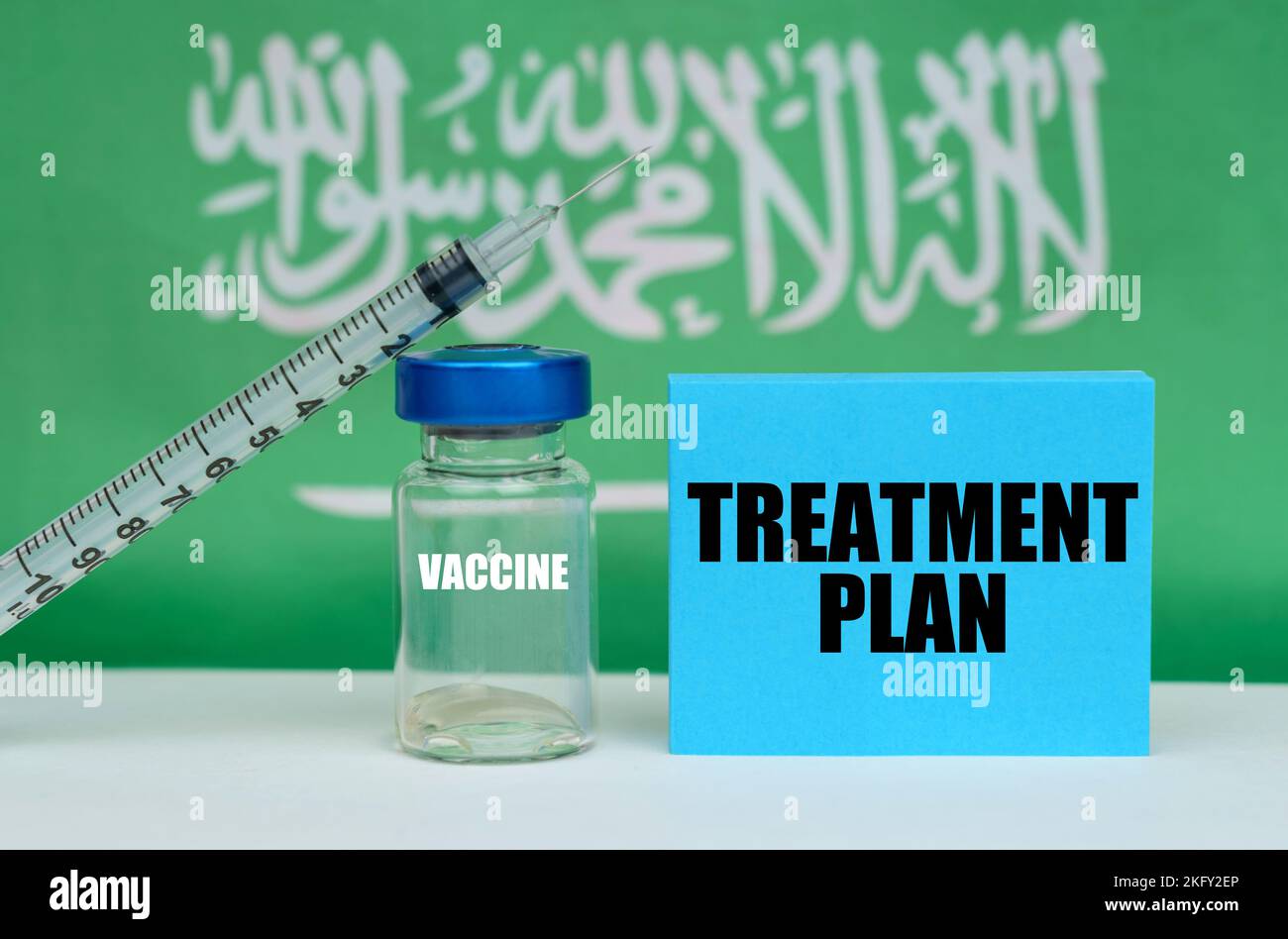 Medicine concept. Vaccine, syringe and blue plate with the inscription ...