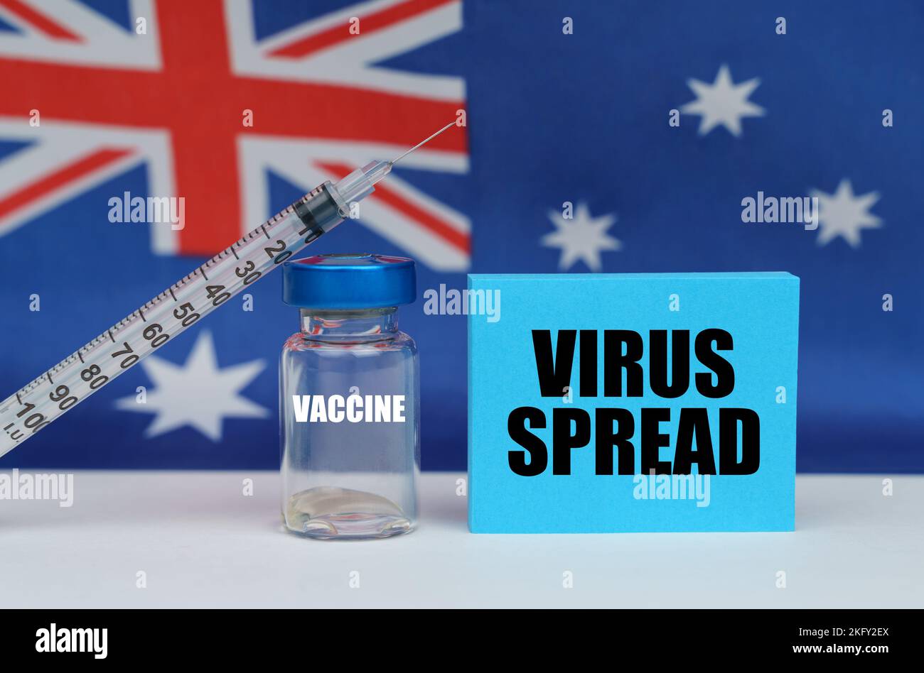 Medicine concept. Vaccine, syringe and blue plate with the inscription ...