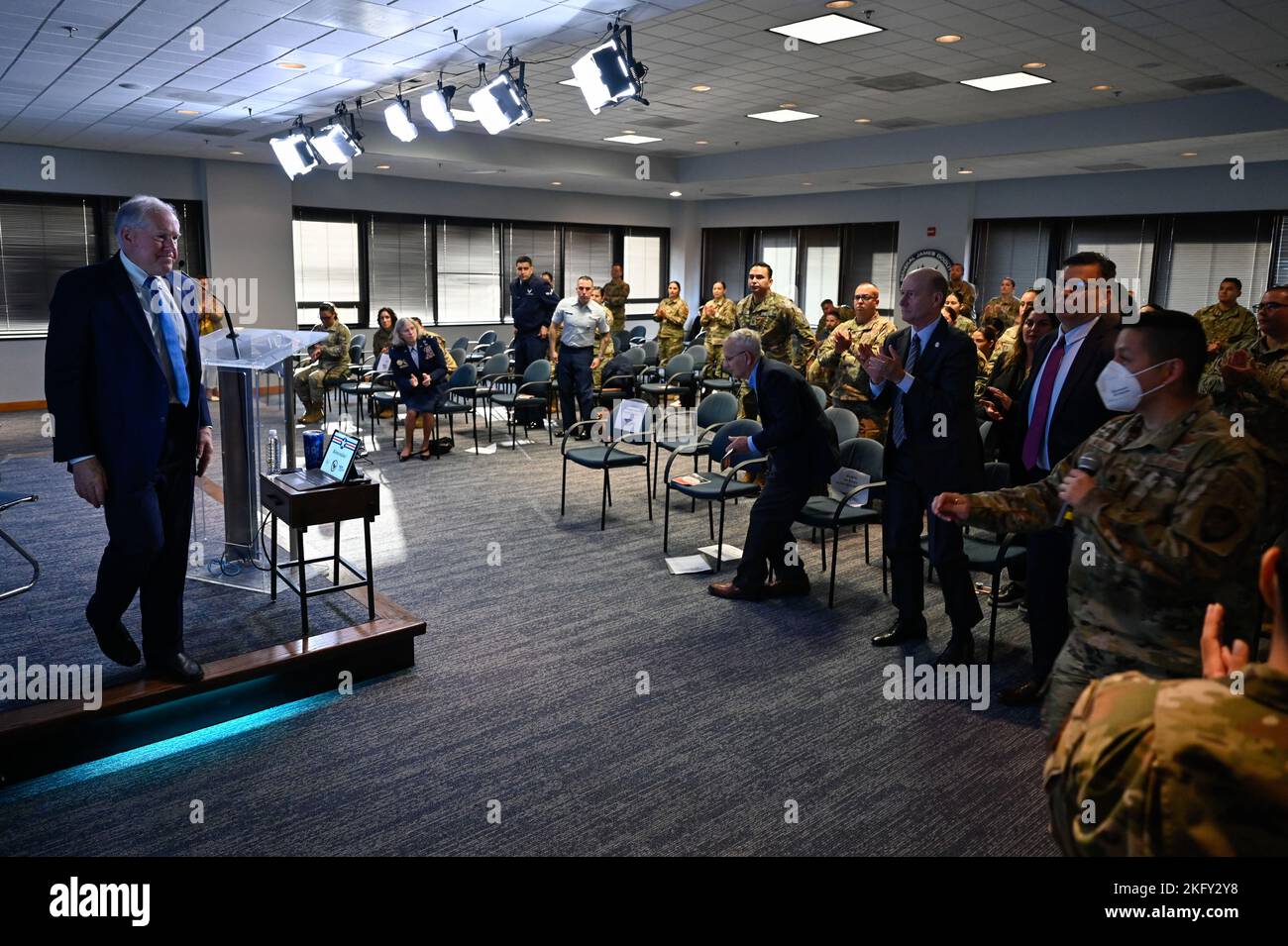 Secretary of the Air Force Frank Kendall steps offstage after speaking ...