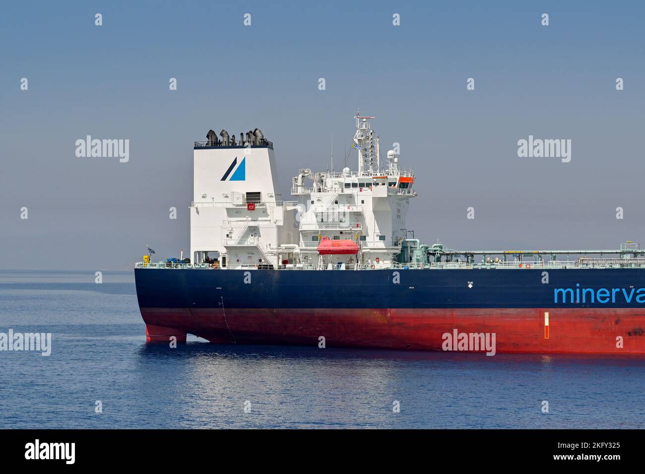 Piraeus, Athens, Greece - June 2022: Funnel and bridge of the large oil ...