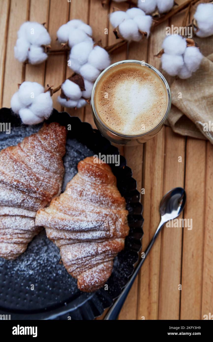 Aesthetics breakfast - fresh french croissants, cup of latte at the ...