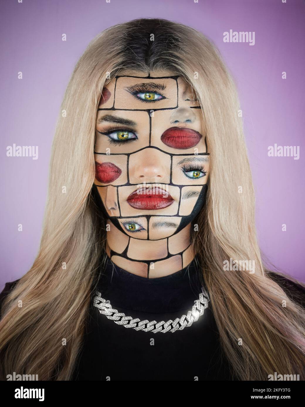 A vertical shot of a woman with face art of different facial features ...