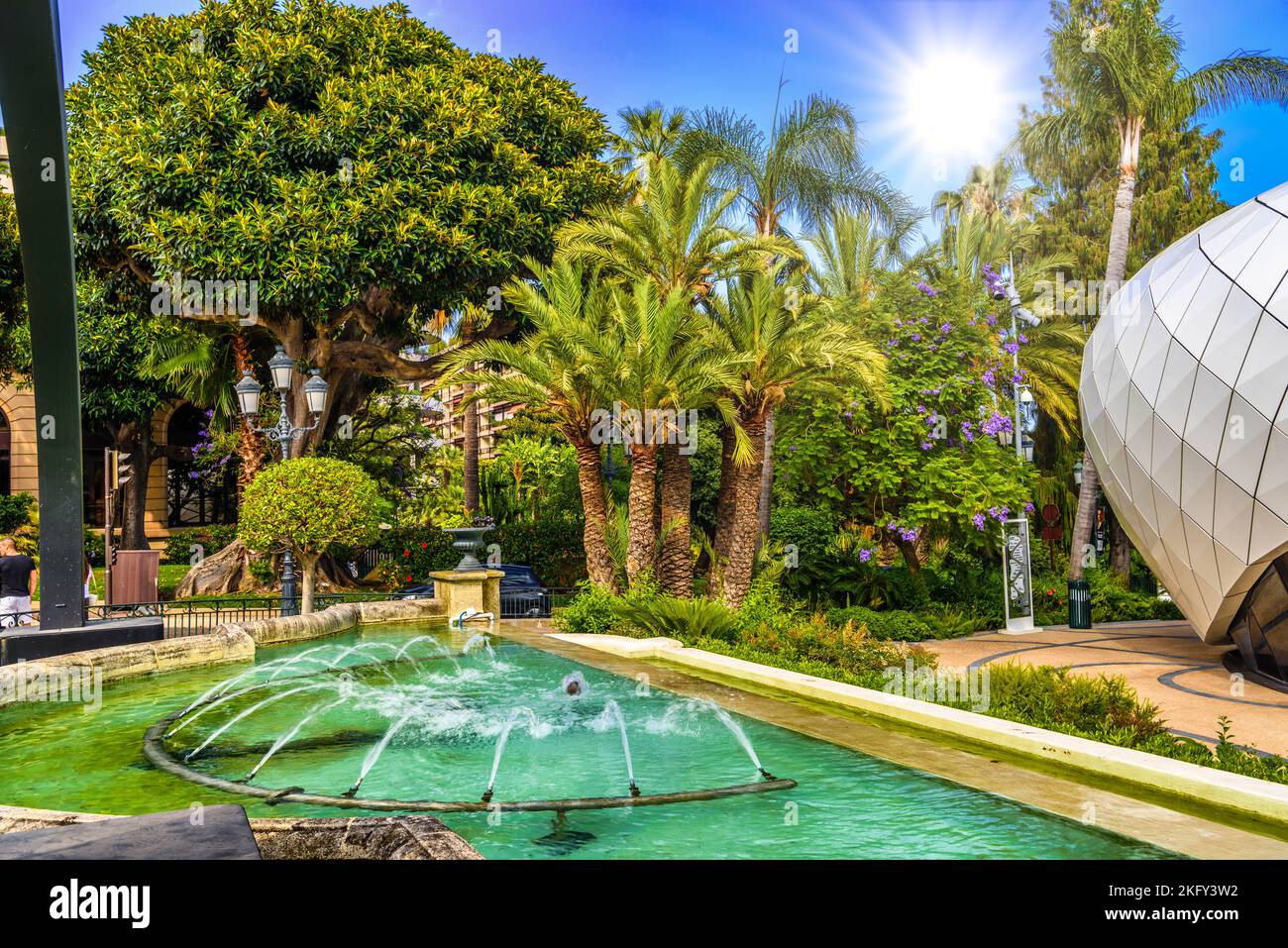 Fountain with palms in park of La Condamine, Monte-Carlo, Monaco, Cote ...