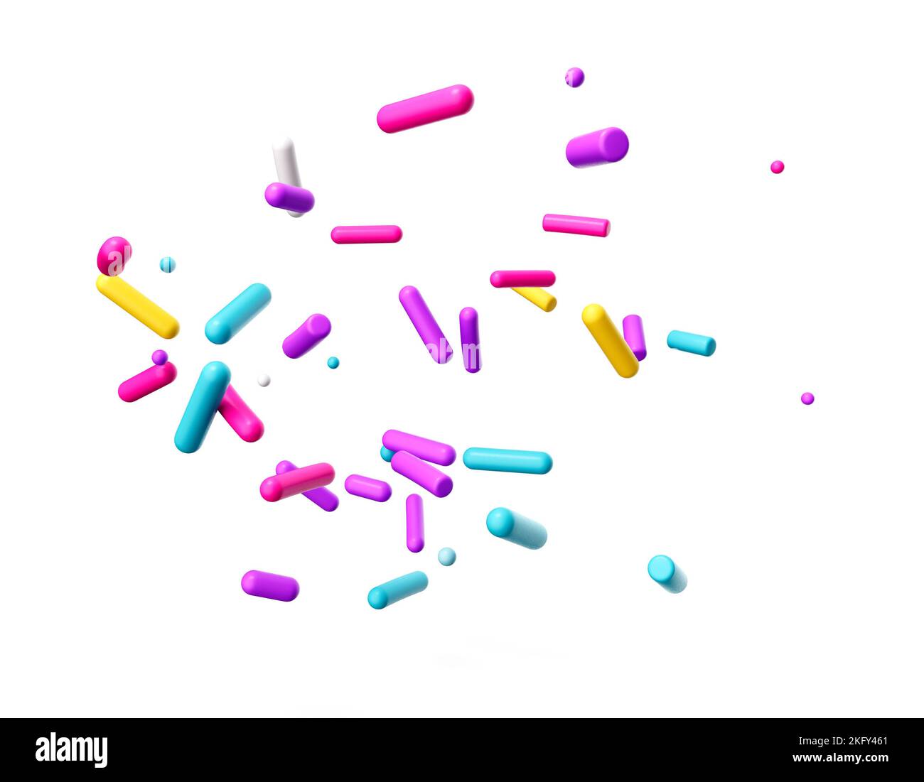 A digital 3D render of colorful decorative sprinkles isolated on a ...