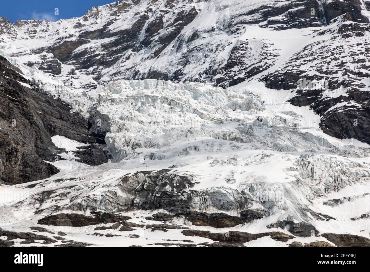 Close up on large glacial ice pack on the side of the Jungfrau mountain ...