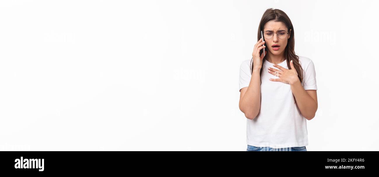 Communication, technology and lifestyle concept. Portrait of concerned ...