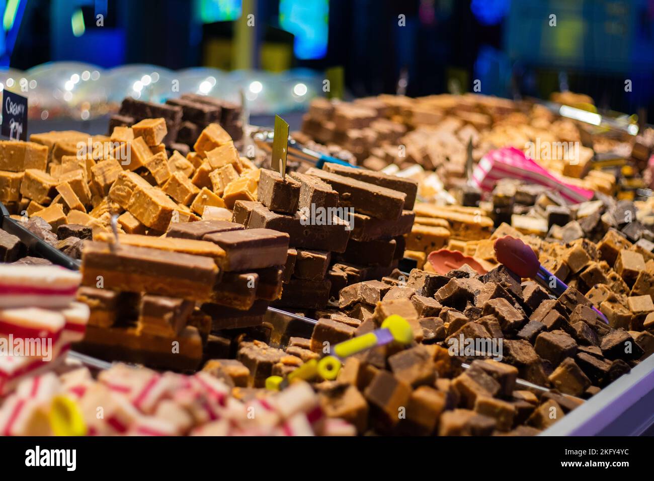 A closeup of Loughborough Fair fudge stall with multiple flavors and ...