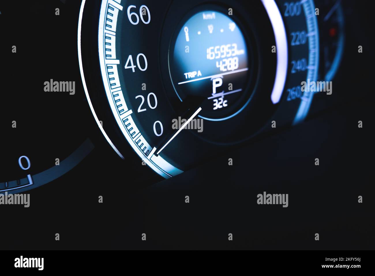 Speedometer kilometer per hour on dashboard of the automobile Stock ...